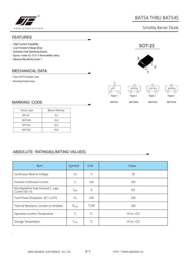 BAT54 Small Signal Schottky Barrier Diode 200mA 30V With SOT-23 Package