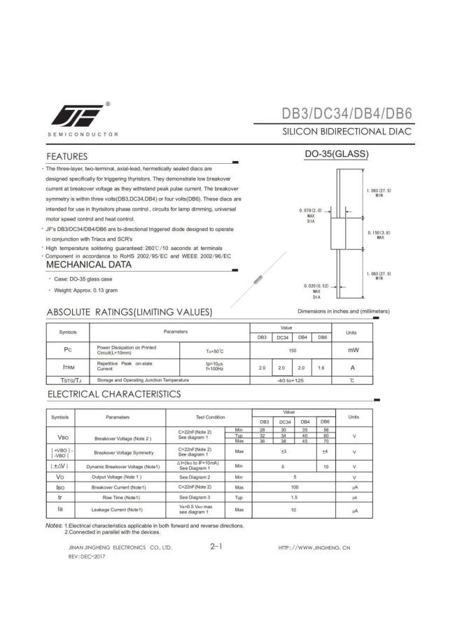 DB3/DB4/DB6 DO-35 OUTLINE SILICON BIDIRECTIONAL DIAC DIODE FOR BALLAST