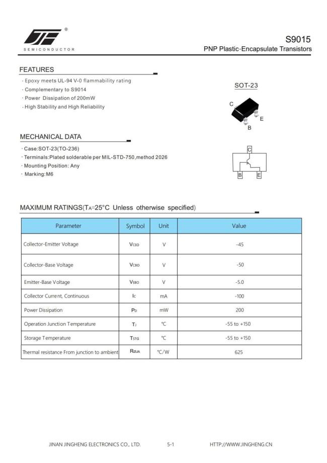 S9015 PNP General Purpose Amplifier Transistor With SOT-23 Package