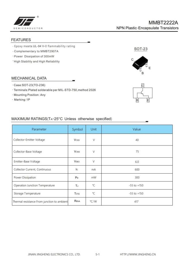 MMBT2222A 300mW NPN Plastic-Encapsulate Transistors with SOT-23 Case