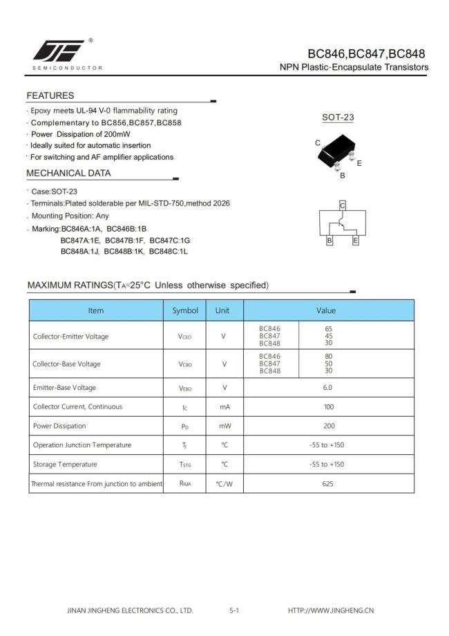 BC846/BC847/BC848 200mW NPN Plastic-Encapsulate Transistors With SOT-23 Package