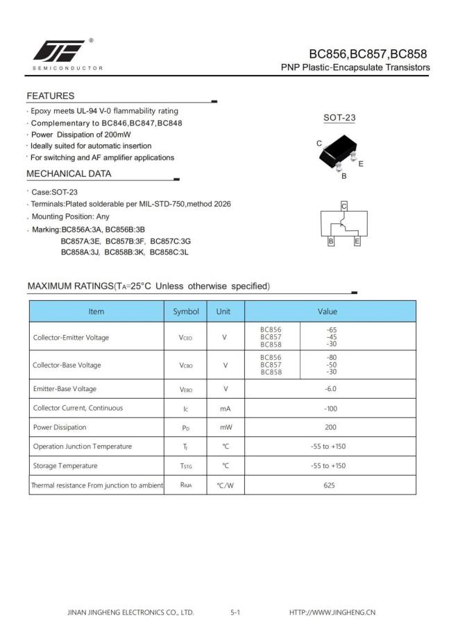 BC856/BC857/BC858 200mW PNP Plastic-Encapsulate Transistors With SOT-23 Package
