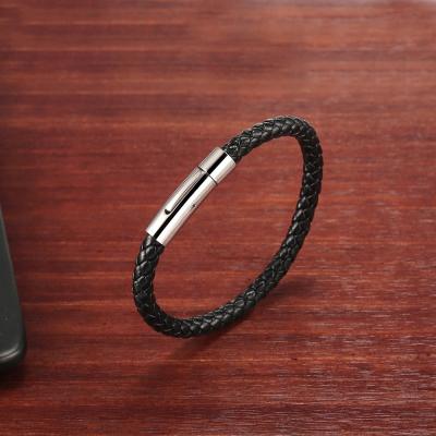 China Amazon Hot Selling 2021 Mens Stainless Steel Snap Clasp Leather Bangle Bracelet Black custom logo for sale