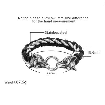 China top quality mens stainless steel wolf head biker leather braided chain viking bracelet for sale