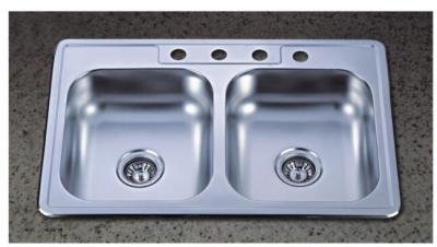 China 33x22 inch Double Bowl Stainless Steel Topmounted Kitchen Sink with 4 Four holes for sale