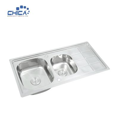 China CH10050D Topmount Kitchen Sink Large and Small Double Bowl Stainless Steel Press Kitchen Sinks for sale