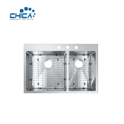China Double Bowl Handmade kitchen Sinks SUS304 stainless steel Kitchen Sinks with 3 holes etc. for sale