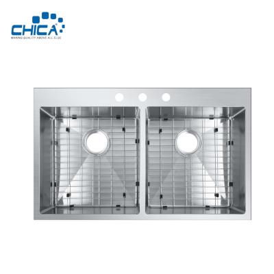 China Handmade kitchen Sinks SUS304 Double Bowl stainless steel Kitchen Sinks with 3 holes etc. for sale