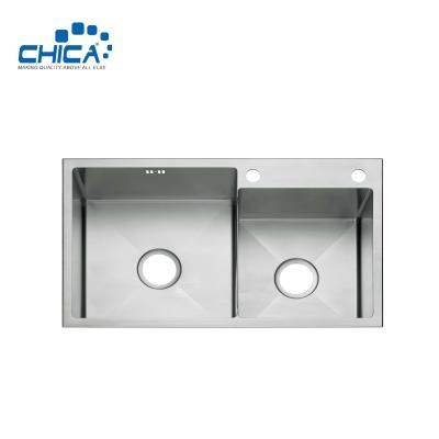 China SUS304 Double Bowl stainless steel Handmade Kitchen Sinks with faucet hole for sale