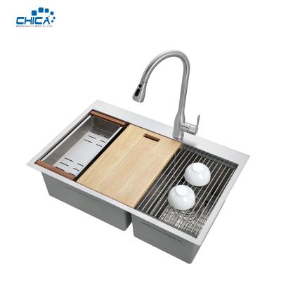 China SUS201 304 Stainless Steel Kitchen Sinks Double Bowl Handmade House Kitchen Sinks With Cutting Board for sale