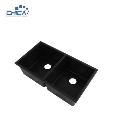 China Rectangular Black Color Double Bowl Under Mount Granite Kitchen Sink for sale