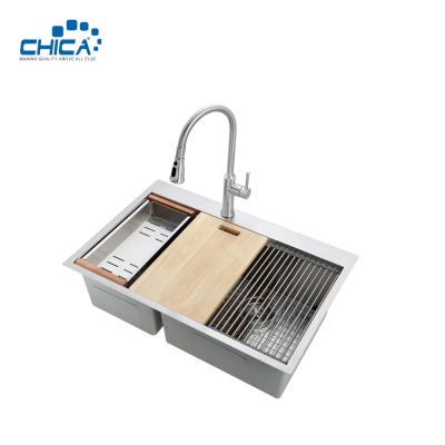 China 30x22x10cm SUS201 304 Stainless Steel Kitchen Sinks Double Bowl Handmade House Kitchen Sinks With Cutting Board for sale
