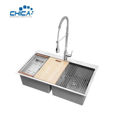 China 30x22x10cm Double Bowl Handmade House Kitchen Sink With Faucet Stainless Steel Kitchen Sinks With Filter Basket for sale