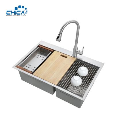 China 30x22x10cm Cheap Stainless Steel Kitchen Sinks Hot Sale Double Bowl Handmade House Kitchen Sinks With Cutting Board for sale