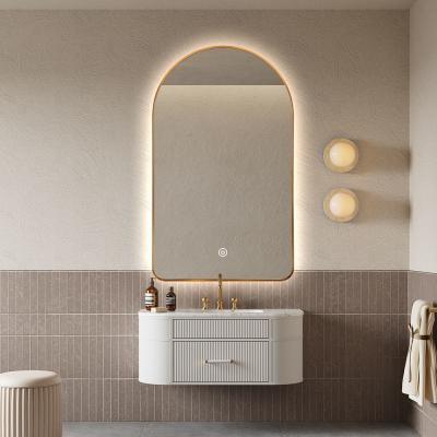 China Gold Aluminum Frame LED Bathroom Mirror Anti Fog Touch Sensitive Mirror Arched LED Back Light Mirror for sale