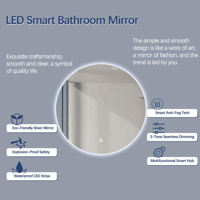 Copper free silver round bathroom mirror with LED lighting