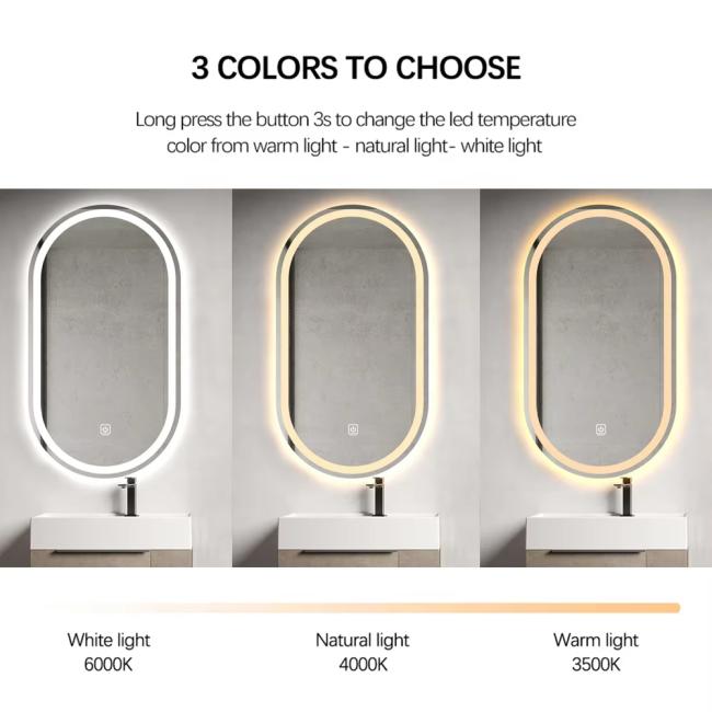 Close-up view of LED bathroom mirror touch sensor and anti-fog features