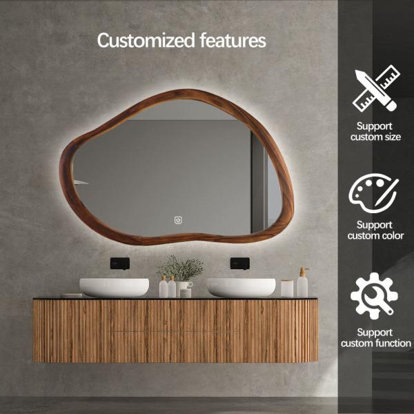 Quality Walnut Wood Frame Irregular Bathroom Mirror 5mm With Edge Lighting Dimming for sale