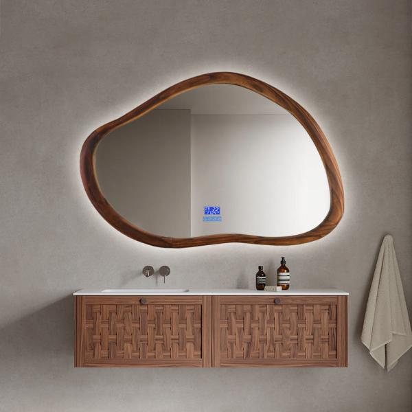 Quality Walnut Wood Frame Irregular Bathroom Mirror 5mm With Edge Lighting Dimming for sale