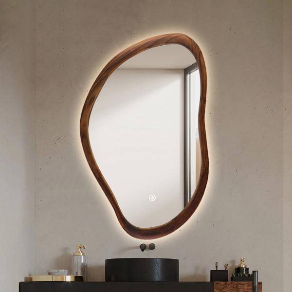 Quality Walnut Wood Frame Irregular Bathroom Mirror 5mm With Edge Lighting Dimming for sale
