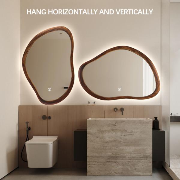 Quality Walnut Wood Frame Irregular Bathroom Mirror 5mm With Edge Lighting Dimming for sale