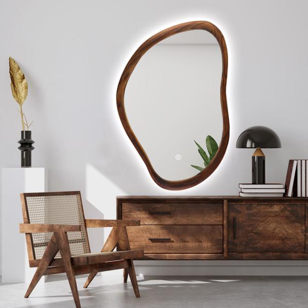 Quality Walnut Wood Frame Irregular Bathroom Mirror 5mm With Edge Lighting Dimming for sale