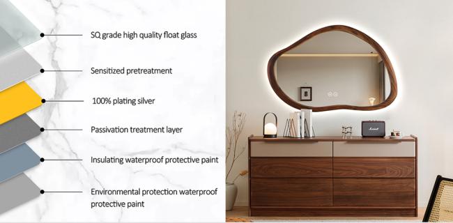 Portrait orientation irregular mirror with dimmable LED edge lighting