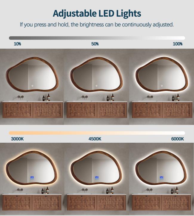 Irregular walnut wood frame LED mirror in landscape orientation with edge lighting
