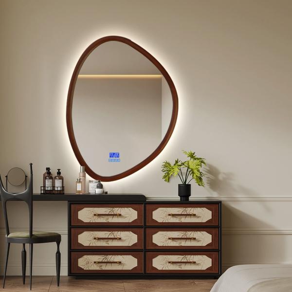 Quality Walnut Color Wood Frame LED Mirror Illuminated Bathroom Decorative Mirror for sale