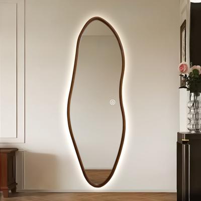 China Asymmetrical Irregular Shape LED Mirror IP66 Solid Wood Frame LED Mirror for sale