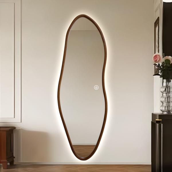 Quality Asymmetrical Irregular Shape LED Mirror IP66 Solid Wood Frame LED Mirror for sale