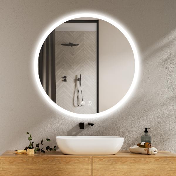 Quality IP54 Waterproof Round Modern Bathroom Mirror Anti Fog With Touch Sensor for sale