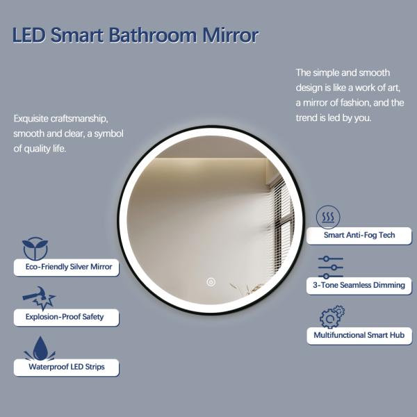 Quality Minimalist Black Circular LED Framed Mirror Decorative Large Backlit Vanity for sale