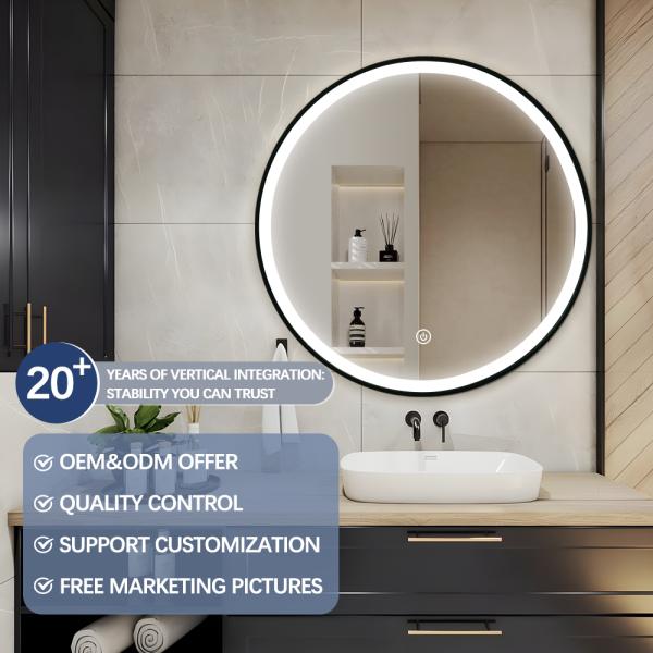 Quality Minimalist Black Circular LED Framed Mirror Decorative Large Backlit Vanity for sale