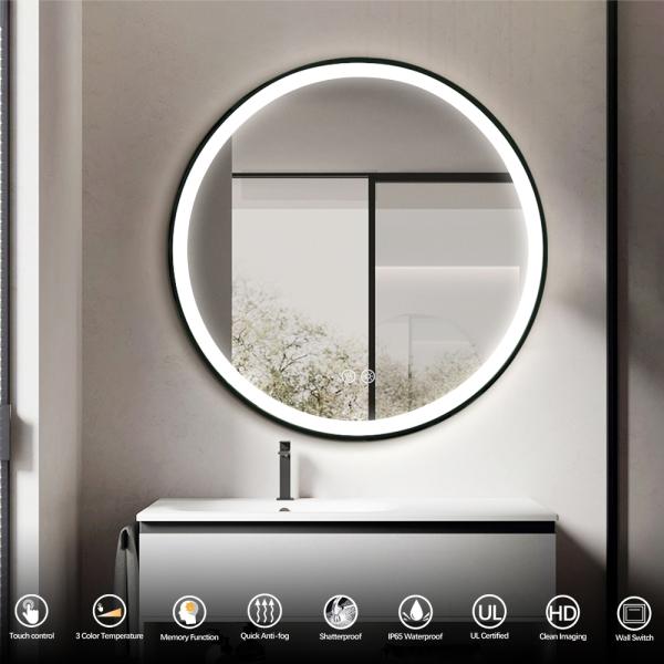 Quality Minimalist Black Circular LED Framed Mirror Decorative Large Backlit Vanity for sale