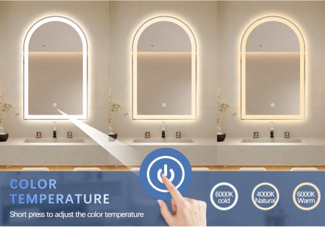 Backlit arch mirror illuminated in bathroom setting