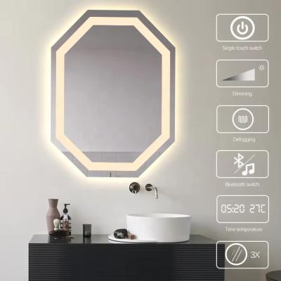 China Smart Octagon Bathroom Mirror , LED Illuminated Bathroom Mirror With Digital Time / Temperature Display for sale