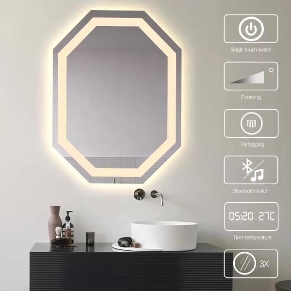Quality Smart Octagon Bathroom Mirror , LED Illuminated Bathroom Mirror With Digital Time / Temperature Display for sale