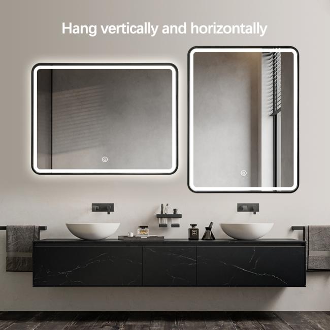 Smart LED mirror front view showing aluminum frame and lighting