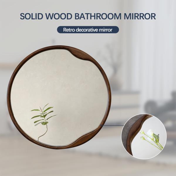 Quality Wall Mounted Asymmetrical Walnut Wood Framed Bathroom Mirror For Hotel for sale
