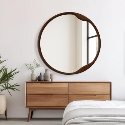 China Wall Mounted Asymmetrical Walnut Wood Framed Bathroom Mirror For Hotel for sale