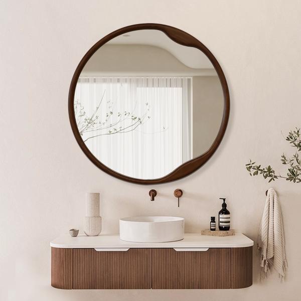 Quality Wall Mounted Asymmetrical Walnut Wood Framed Bathroom Mirror For Hotel for sale