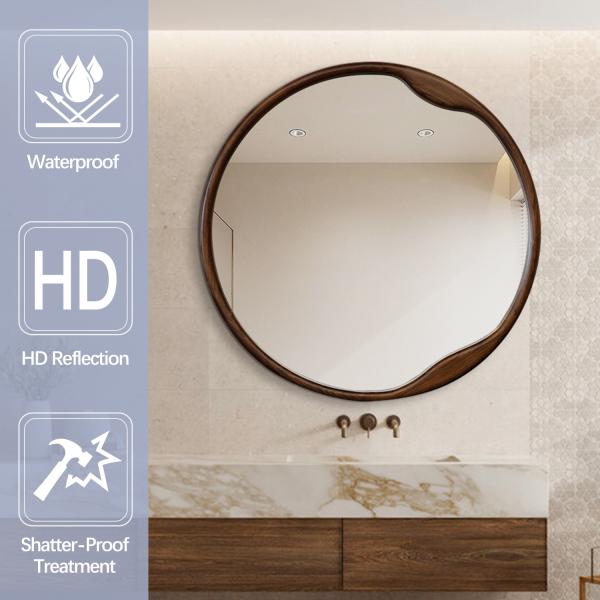 Quality Wall Mounted Asymmetrical Walnut Wood Framed Bathroom Mirror For Hotel for sale