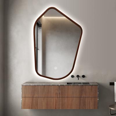 China Irregular Pentagon Wall Backlit Vanity Mirror Walnut Oak Wood Frame Led Mirror for Hotel for sale