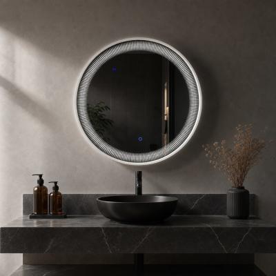 China Round Textured Frame LED Bathroom Mirror with Touch Sensor Switch and Dimmable Light in Copper-free Silver Mirror for sale