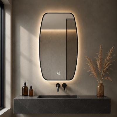 China Organic Oblong Curved LED Mirror with Dimmable Backlight and IP44 Waterproof Copper-free Silver Glass for sale