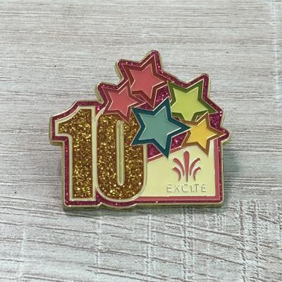 China Sparkle Star 10 YRS EXCITE Enamel Pin, 10th Anniversary Commemorative Metal Badge for Gifts for sale