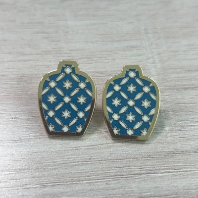China Blue Vase-Shaped Enamel Pins with White Floral Pattern – Oriental Style badge pins for sale
