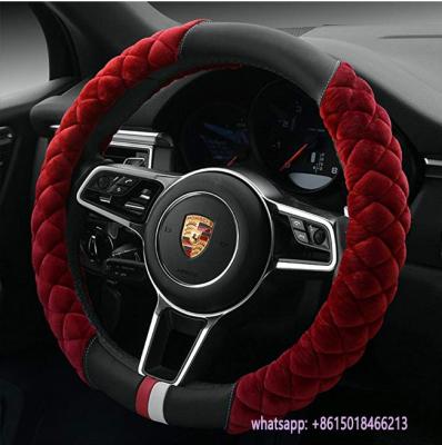 China new design red fur black pu warmer 38cm car steering wheel cover for sale