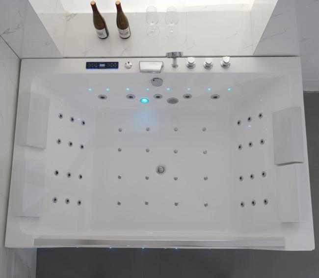 2 Person Rectangular Whirlpool Massage Bathtub with Front Blue Glass